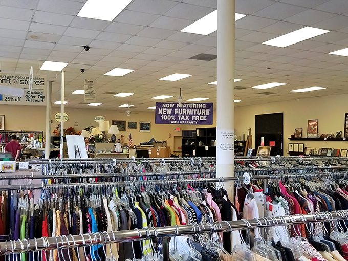 Racks upon racks of possibility! This clothing section stretches further than my last diet resolution.