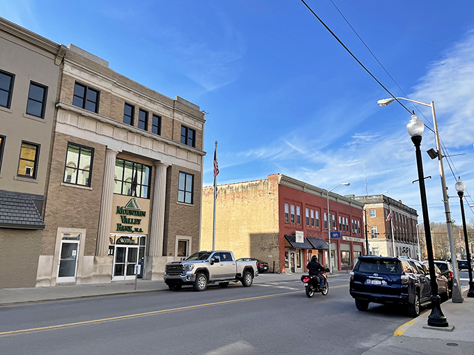 Mountain Valley Bank stands guard over Main Street, where pickup trucks and motorcycles share the road like old friends.