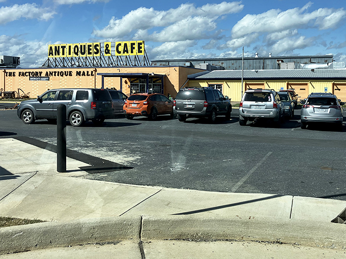 The Factory Antique Mall's parking lot tells the whole story: when antique lovers find paradise, they stick around.