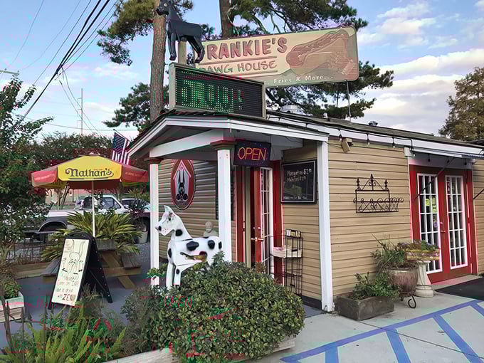 That classic Nathan's umbrella and quirky dog statue? Dead giveaways you're about to experience hot dog nirvana.