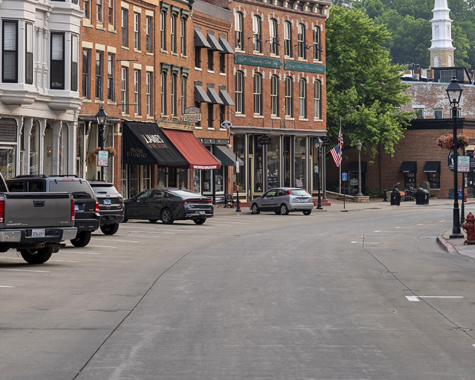 The historic storefronts of Galena stand shoulder to shoulder, creating a living museum where modern cars seem oddly out of place.