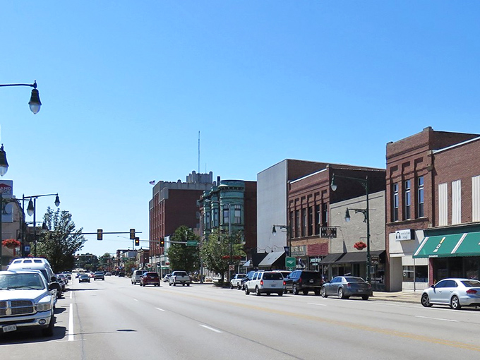 Blue skies frame Galesburg's Main Street, where time seems to slow down and every storefront invites you to wander in.