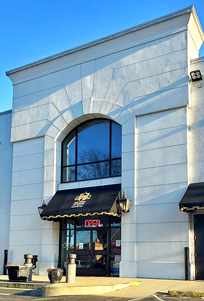 Classic architecture meets vintage hunting - where every window reflection hints at the discoveries waiting inside.