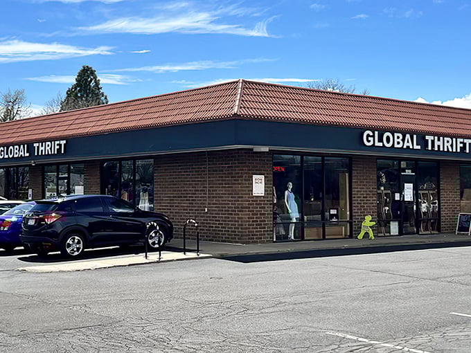 The orange-tiled roof signals bargain paradise ahead, where twenty-five dollars becomes a shopping superpower.