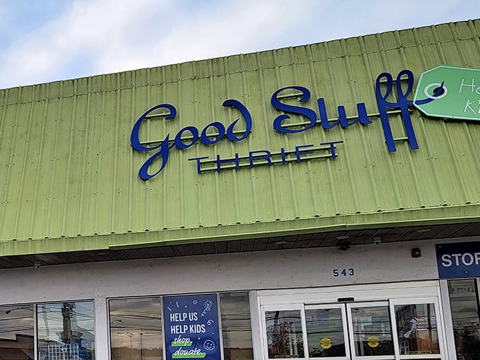 Good Stuff Thrift's cheerful storefront promises exactly what the name suggests: genuinely good finds inside.