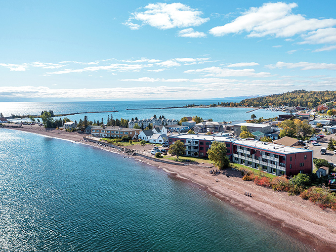 The colorful shoreline of Grand Marais, where shops and restaurants line the harbor like a welcoming committee for Lake Superior.
