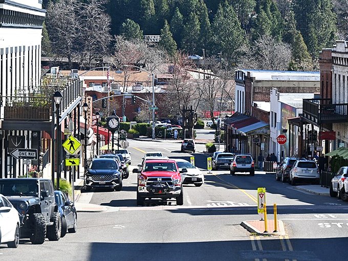 The charming main street of Grass Valley looks like a movie set, but the affordable living is the real star here.