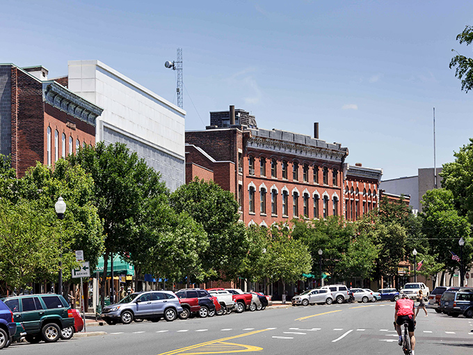 Classic New England main street with red brick buildings that won't break the bank. Norman Rockwell would feel right at home.