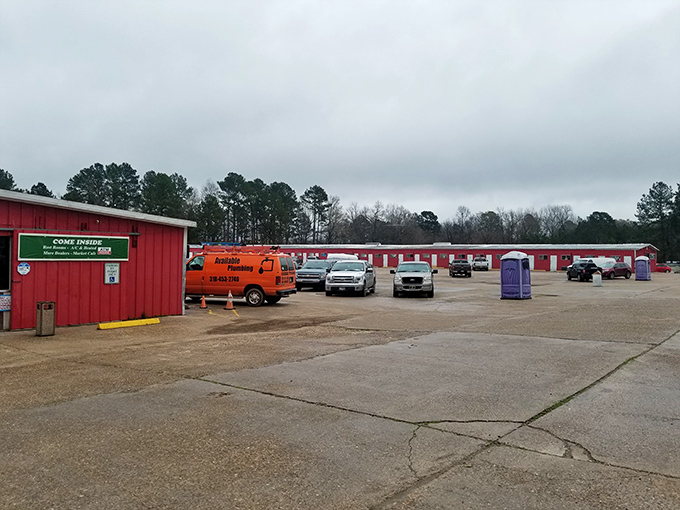 Purple porta-potties and a bright orange plumbing truck create a colorful carnival atmosphere for serious flea market adventurers.