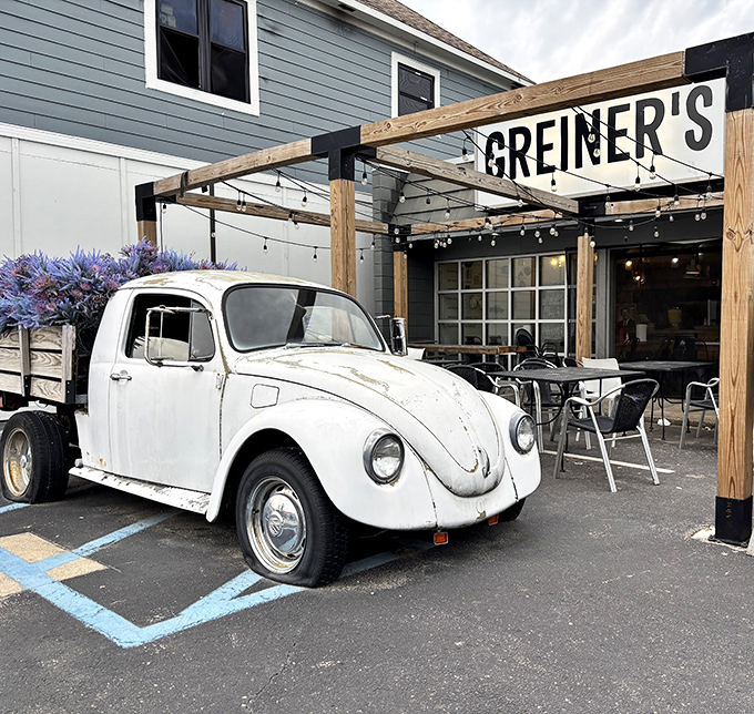 Flower power meets sandwich hour! This charming VW Beetle truck parked outside Greiner's adds a nostalgic touch to your dining adventure under those inviting string lights.