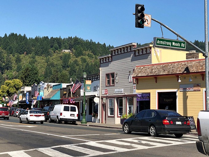 Armstrong Woods Road invites you to explore Guerneville's colorful shops. The traffic light might be the most stressful thing you'll encounter all day.