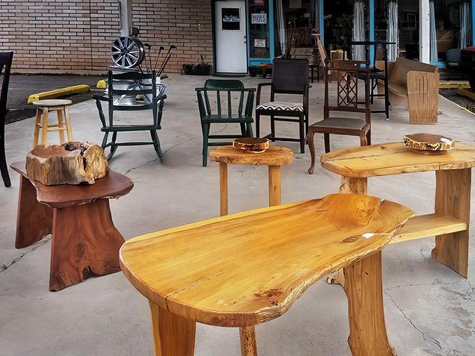 Handcrafted wooden furniture displays outside like an artisan's roadside gallery, each piece telling stories.
