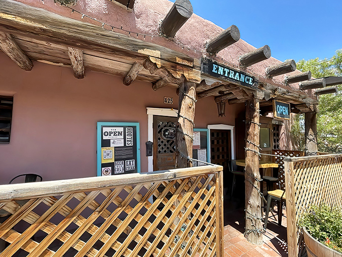 Step through this doorway and prepare for a time-traveling steak adventure. The lattice fence says "howdy neighbor" in the most New Mexican way.