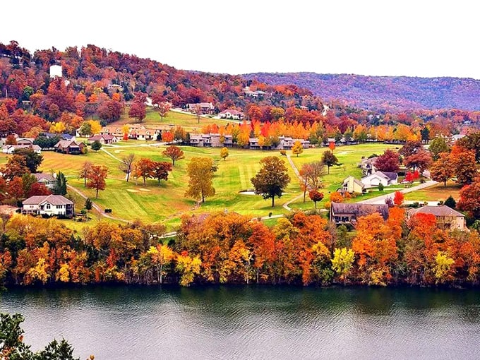 Fall colors frame this lakeside community like nature's own holiday greeting card.