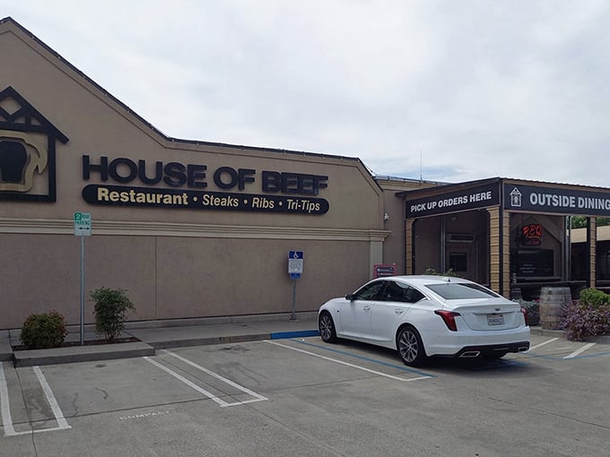 The classic "House of Beef" sign promises exactly what you'll get - no fancy frills, just serious steak satisfaction.