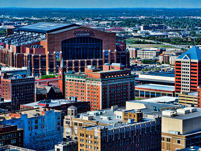 Lucas Oil Stadium dominates Indy's skyline like a brick castle, home to football dreams and affordable weekend entertainment.