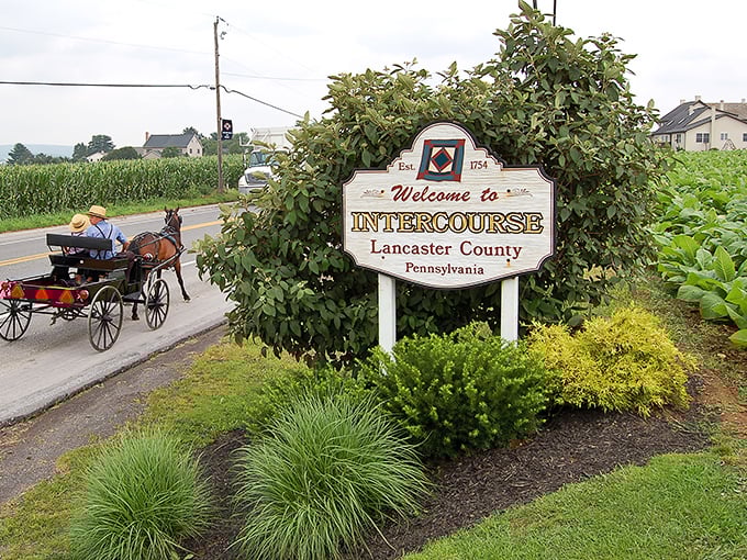 Where modern meets tradition—an Amish buggy passes the iconic Intercourse welcome sign, a perfect snapshot of two worlds coexisting.