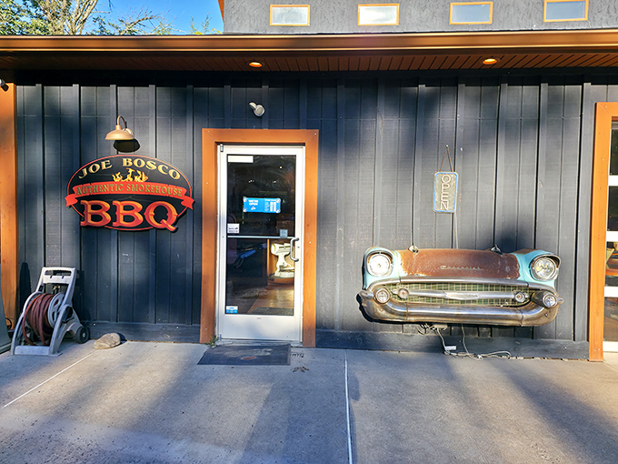 That classic car grille mounted on the wall says everything: this place respects tradition and isn't afraid to show some personality.
