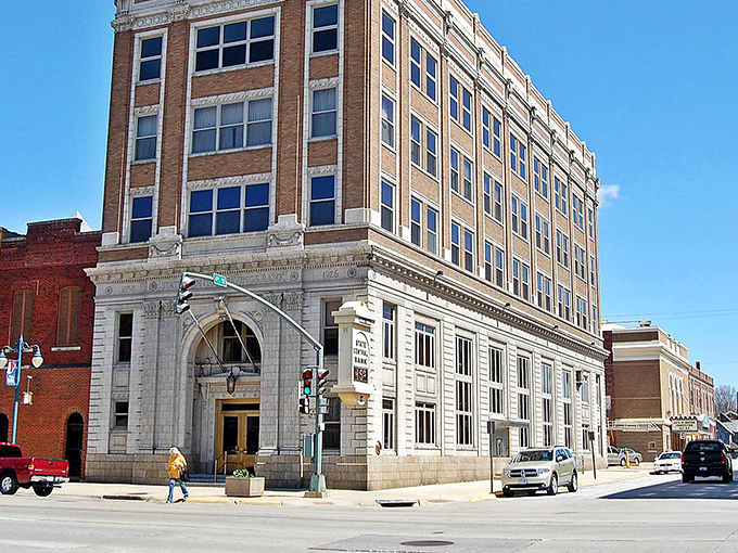 This stately building stands as a proud reminder of Keokuk's rich architectural heritage along the riverfront.