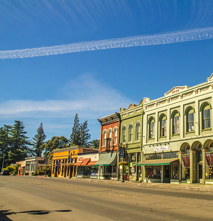 Lakeport's Main Street under brilliant blue skies &ndash; where you can actually find parking and shopkeepers who remember your name!