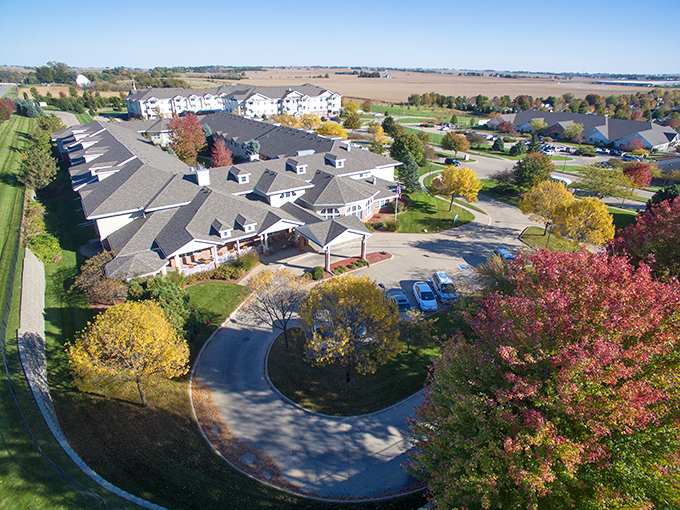From above, Legacy's thoughtful layout reveals itself like a small village, complete with autumn's golden touch on surrounding trees.