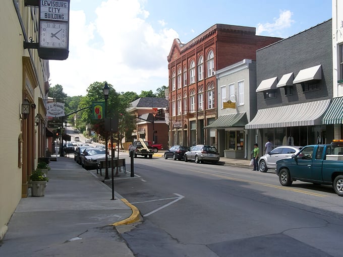 Lewisburg's charming streetscape looks like it was designed by someone who believes traffic lights should be accessorized with hanging flower baskets.