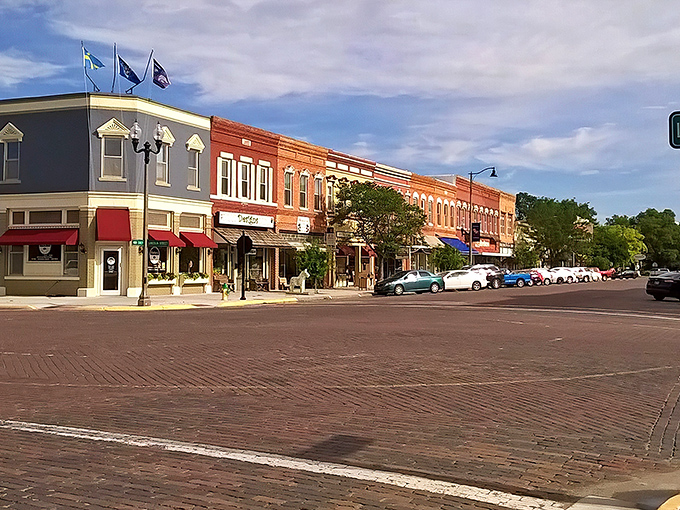 Downtown Lindsborg, where colorful storefronts and Swedish flags create a slice of Scandinavia in the heartland.