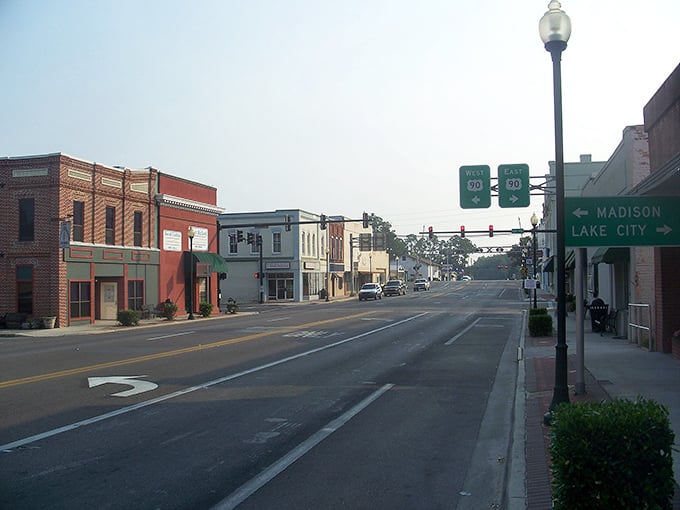 Downtown Live Oak's historic main street &ndash; where rush hour means three cars at the stoplight and everyone still waves hello.