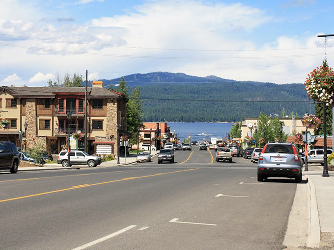 The view down McCall's charming street feels like a movie set where mountains and lake play the starring roles.