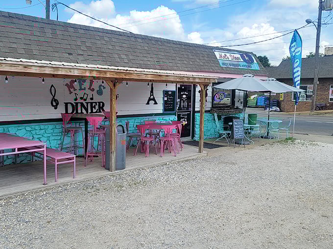 Mel's Diner (side view): "Musical notes on the wall hint at jukebox classics inside. The perfect soundtrack for those pink chairs and comfort food."