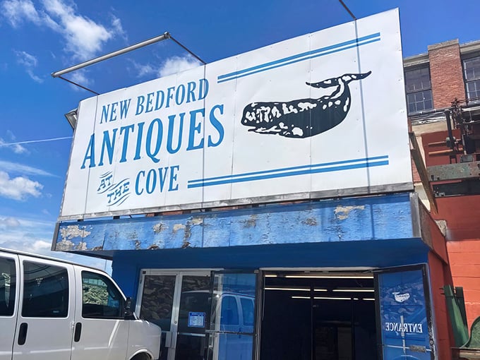 That whale sign isn't just decoration&mdash;it's a promise of ocean-sized antiquing adventures waiting inside this New Bedford treasure chest.