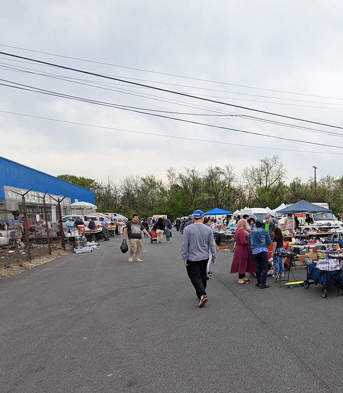 Treasure hunters navigate the outdoor section of North Point Plaza. Like a garage sale that got ambitious and invited the whole neighborhood!