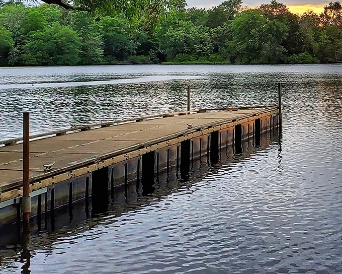 This wooden dock extends into Parvin Lake like a bridge to serenity and weekend bliss.