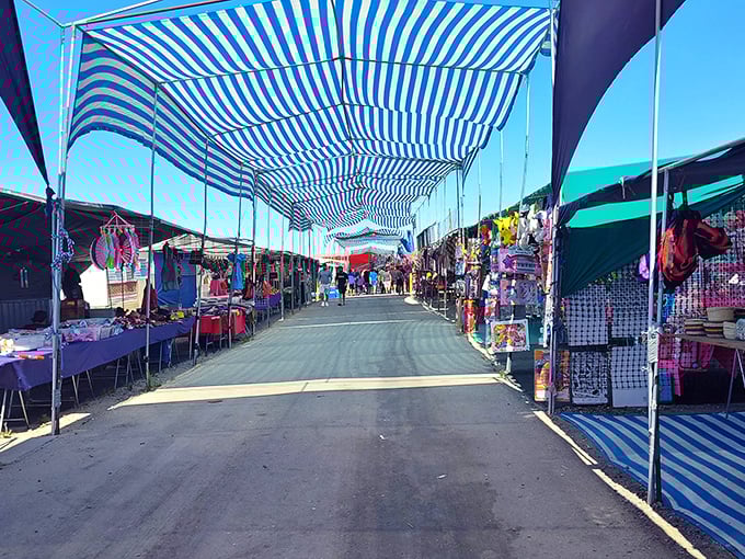 Blue-striped canopies create shopping lanes that feel like browsing through a cheerful outdoor mall adventure.