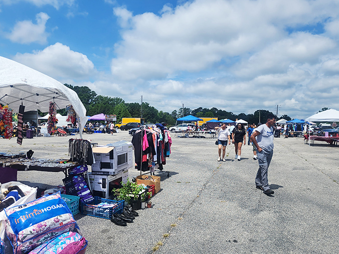 Bargain city under blue skies. Shoppers navigate a sea of possibilities where one person's castoffs become another's treasures.