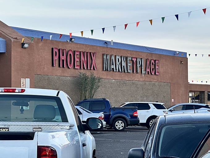 Colorful pennants flutter above Phoenix Marketplace, like a permanent celebration of bargain hunting and discovery.