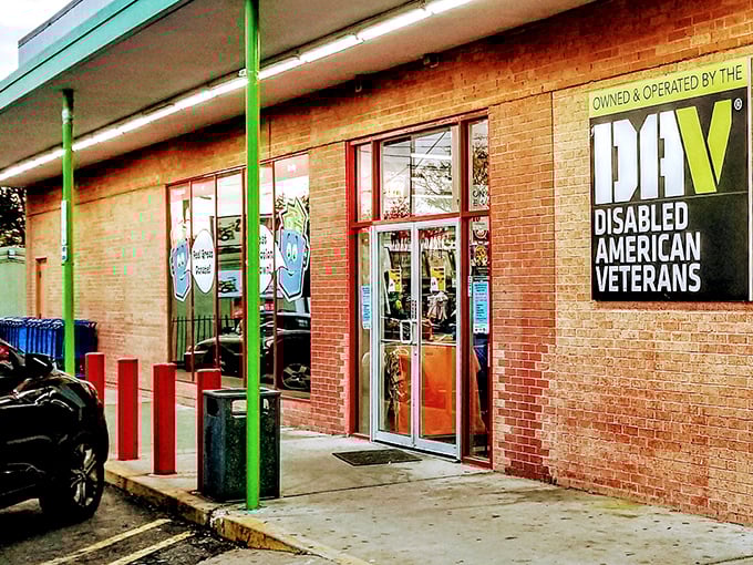 Step inside this DAV-operated treasure trove where your purchases help veterans. The brick facade and welcoming entrance promise discoveries beyond the ordinary.
