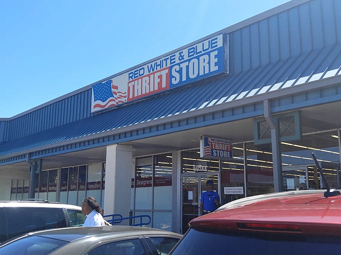 Sunshine gleams off this thrifter's paradise in Gretna. The blue metal roof shelters treasures waiting for their forever homes.