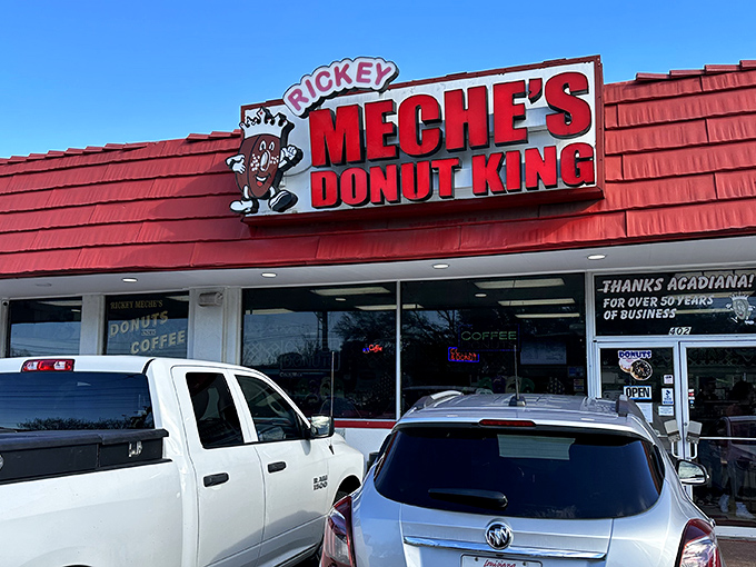Morning sunshine hits Meche's sign just right, promising a day that starts with sugary perfection. Those 50+ years of business speak volumes about donut loyalty in Lafayette.