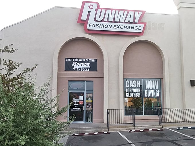 That iconic pink Runway sign beckons like a lighthouse for the fashion-savvy shopper. "Cash for clothes" never looked so inviting!