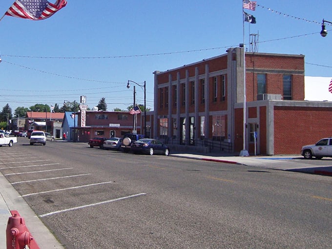 American flags and classic brick storefronts - Rupert's main street is small-town Idaho at its most authentic.