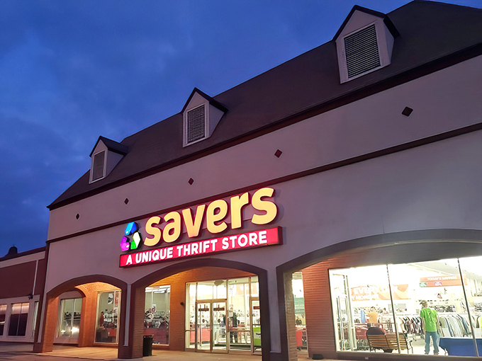 Evening glow transforms this thrift paradise into something magical - shopping adventures await behind those bright windows.