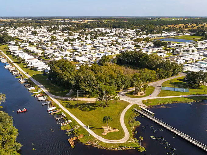 Where retirement dollars stretch like taffy at a county fair. Manufactured home communities with amenities galore sit peacefully along sparkling lakes.