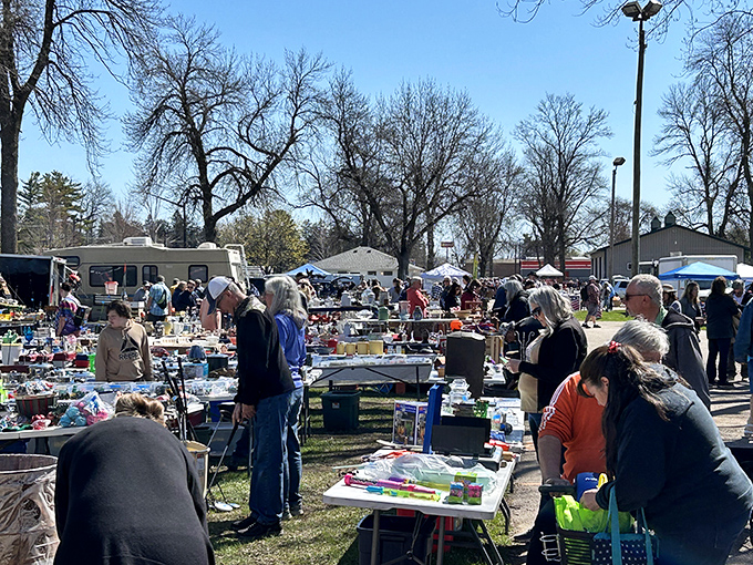 Early birds and bargain hunters navigate this maze of possibilities under the watchful gaze of Wisconsin sunshine.