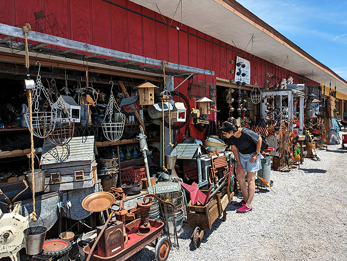 A shopper's paradise of vintage treasures and handcrafted wonders lines the red barn walls at Shipshewana Flea Market.
