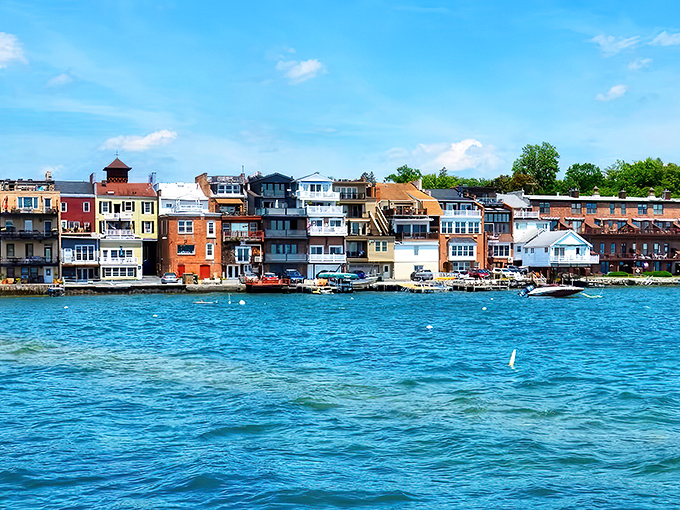 Colorful lakefront houses line Skaneateles harbor like a postcard that decided to come to life.