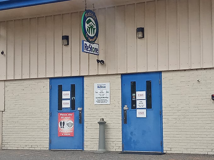 Blue doors to bargain heaven! ReStore's entrance is like the wardrobe to Narnia for home improvement enthusiasts.