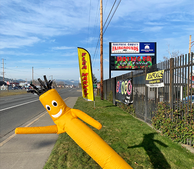 Look for the cheerful yellow tube man guiding you to treasure at the Josephine County Fairgrounds&mdash;like a quirky lighthouse for the bargain-obsessed.