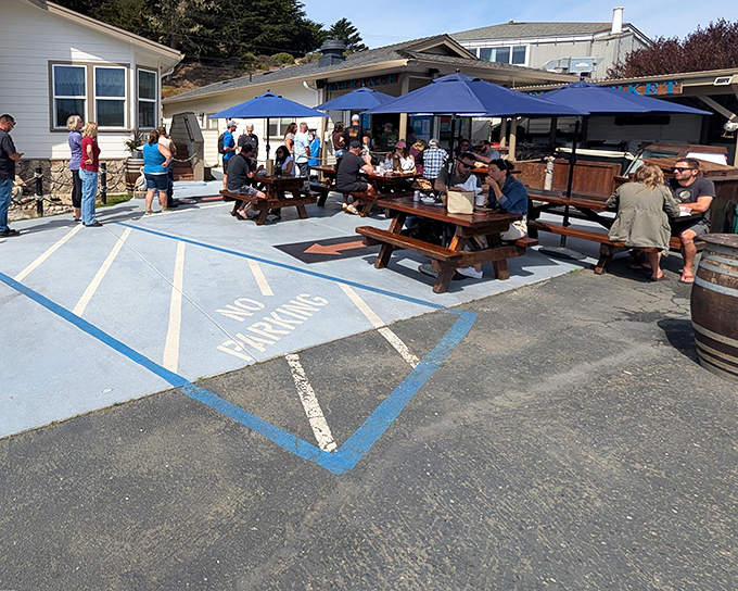 The outdoor seating area at Spud Point buzzes with happy customers enjoying what might be California's most perfect chowder.
