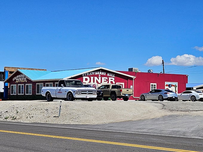 When locals line up their pickup trucks like this, you know the pancakes inside are worth the drive.